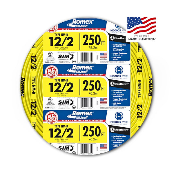 250ft Roll 12/2 Copper NM-B Gauge Indoor Electrical Yellow Copper Rome ...