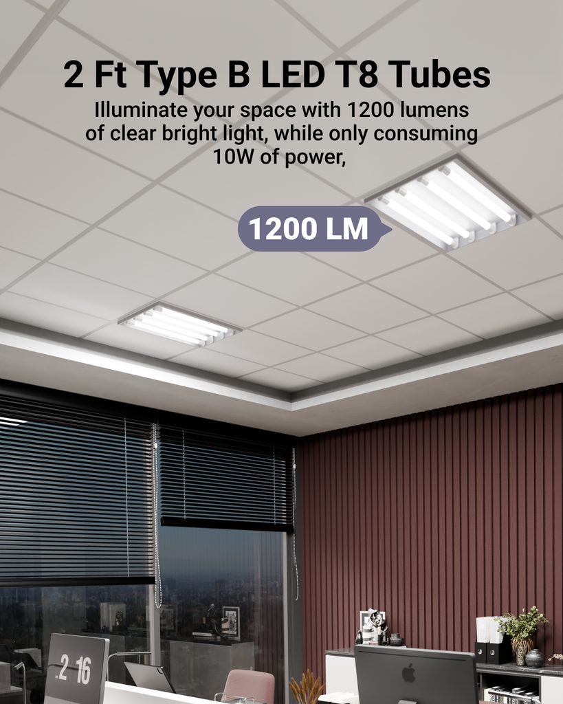 T8 LED Tube, 2ft, Clear Glass, Bypass, Type B, 10W, Single/Double Ended ...