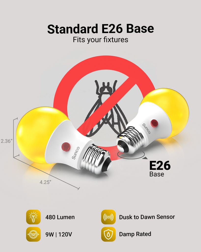 A19 LED Bulb, Yellow Bug Light, Dusk to Dawn Photocell, 480 Lumens ...