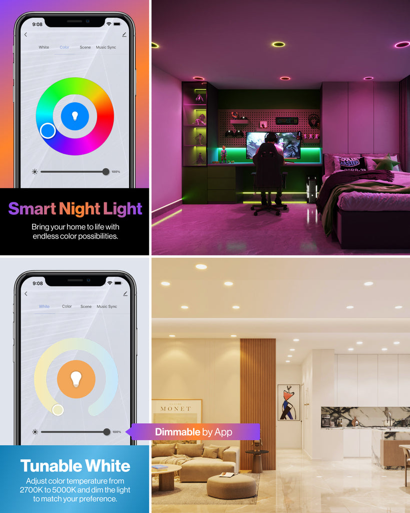 Recessed LED Lighting, 4 Inch, Smart Night Light Slim, Wafer Thin, Smo – Sunco Lighting