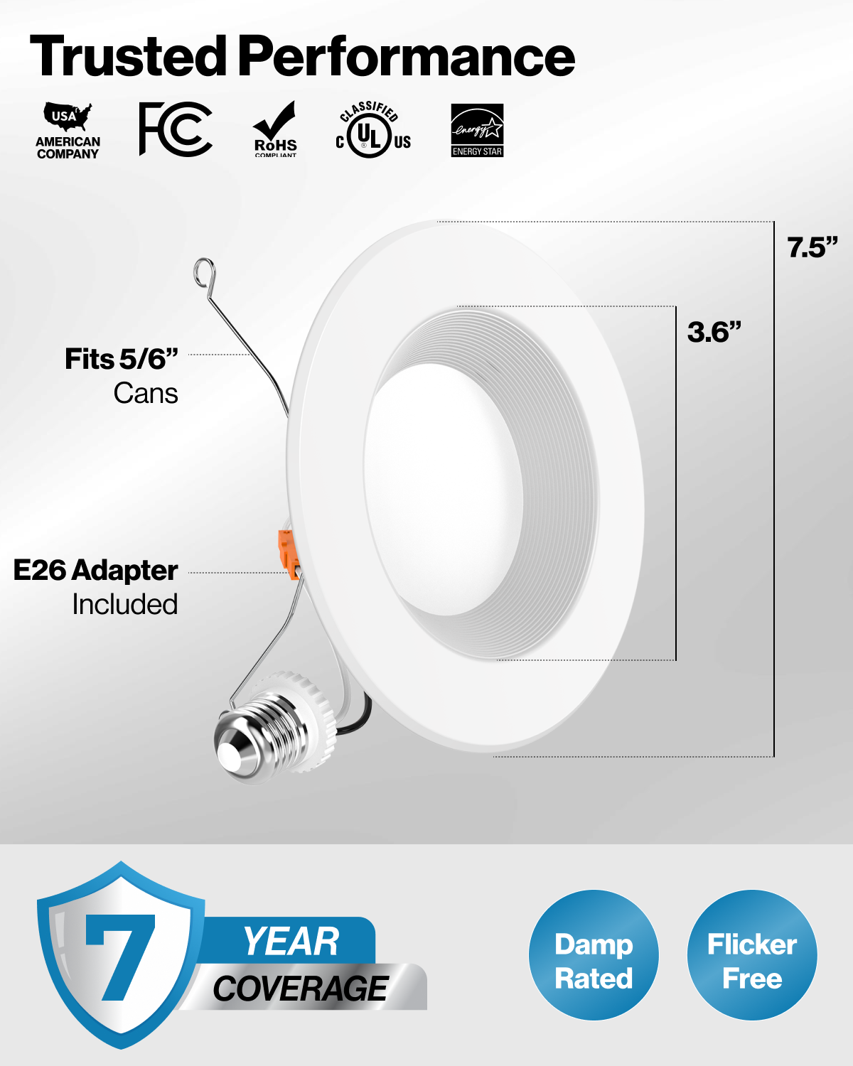 Recessed LED Retrofit Lighting, 5/6 Inch, Baffle, Selectable CCT,965 ...