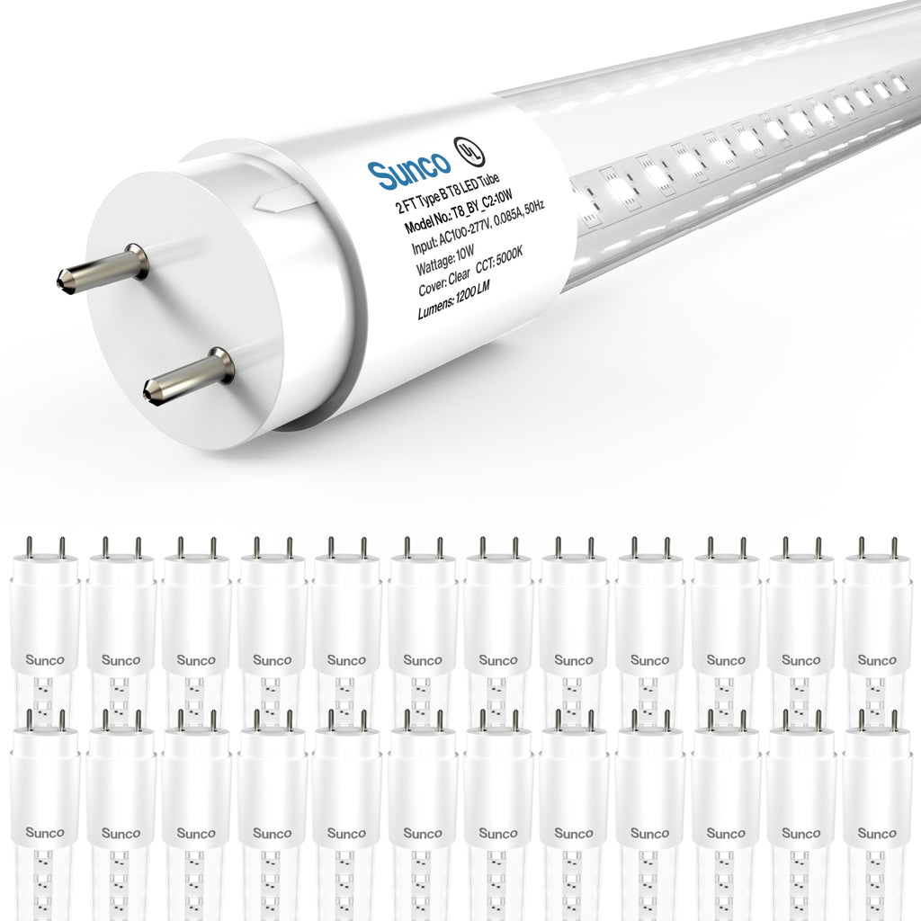 T8 LED Tube, 2ft, Clear Glass, Bypass, Type B, 10W, Single/Double Ended ...