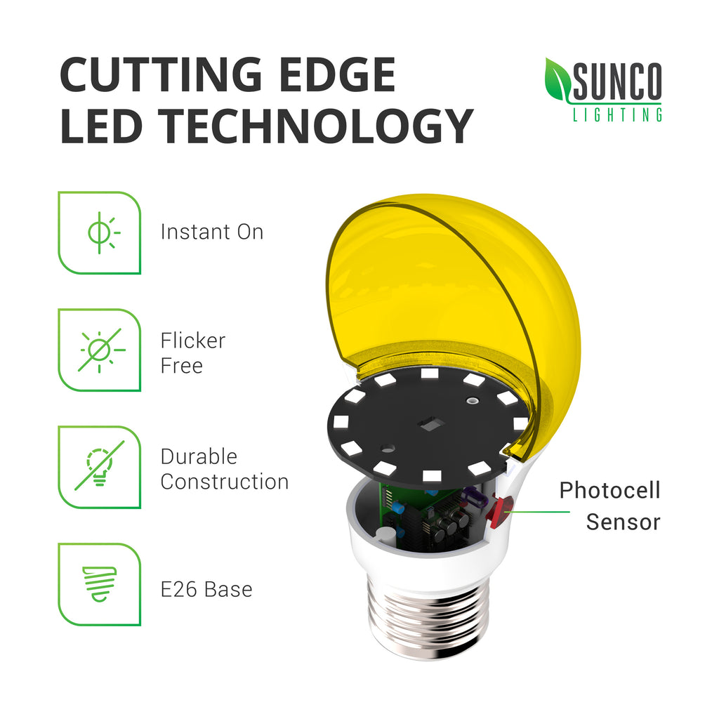 A19 LED Bulb, Yellow Bug Light, Dusk to Dawn, 480 Lumens – Sunco Lighting